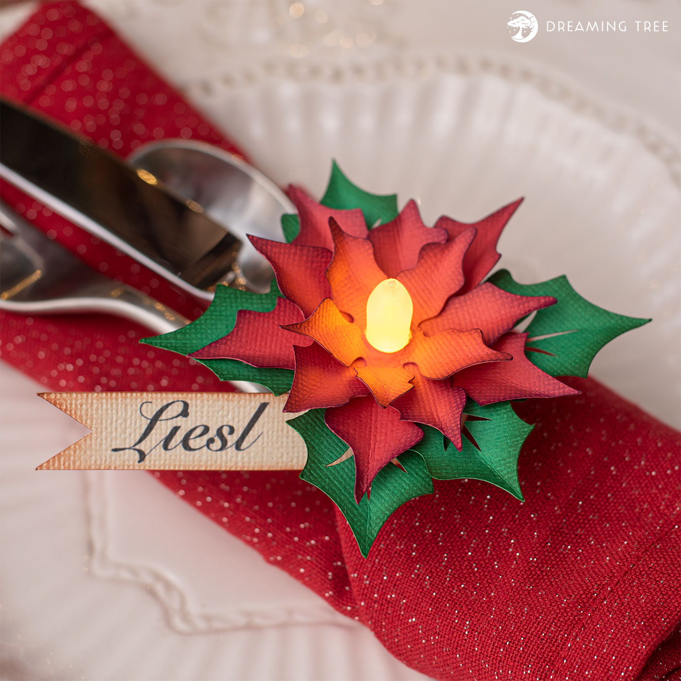 Dreaming Tree Poinsettia Tea Light Free SVG • Lydia Watts